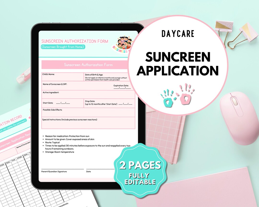 Daycare Sunscreen Consent, Authorization and Records Templates, Teacher ...