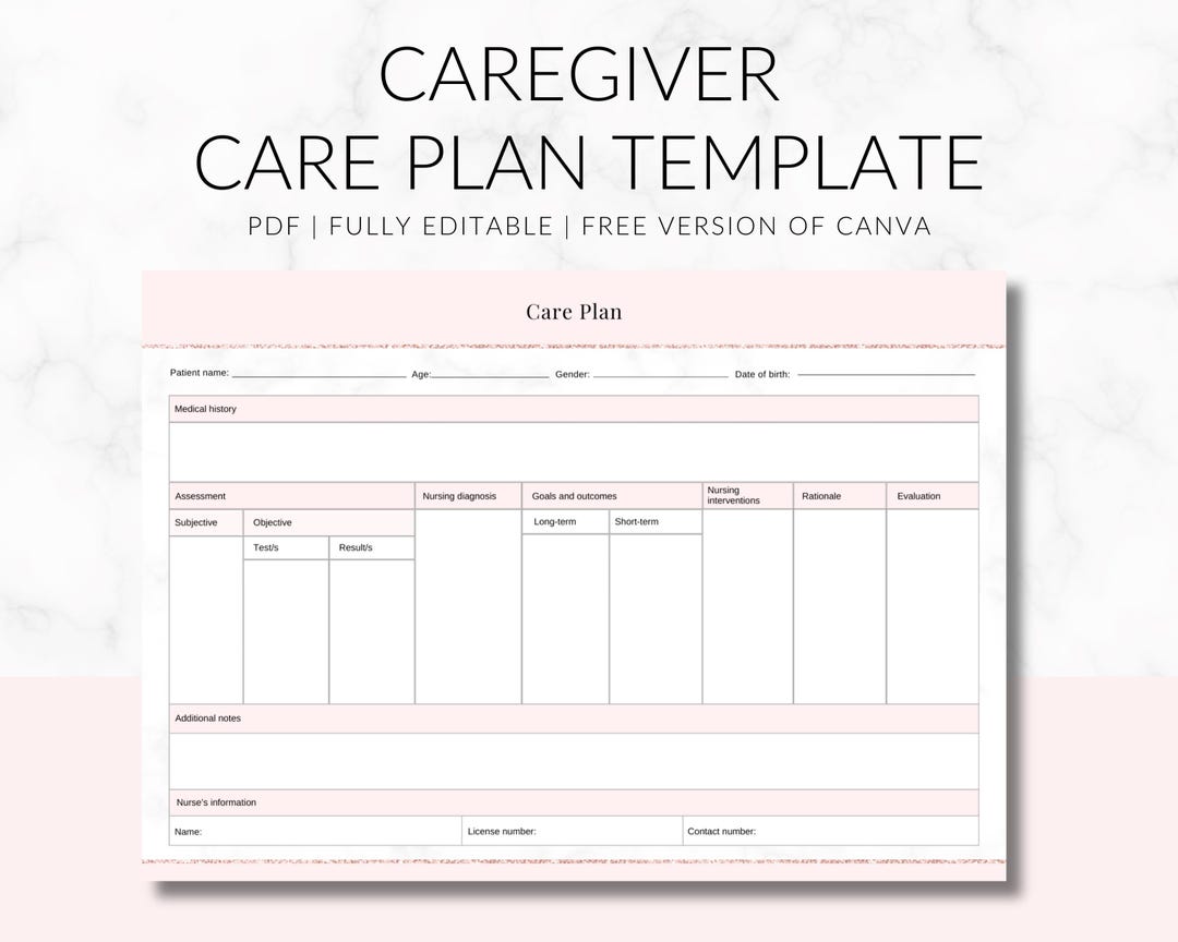 Caregiver Care Plan Template, Caregiver Forms, Add Your Logo, Edit in ...