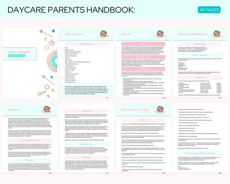 Daycare Parent Handbook, Parent Handbook for Daycare, Childcare Policy ...