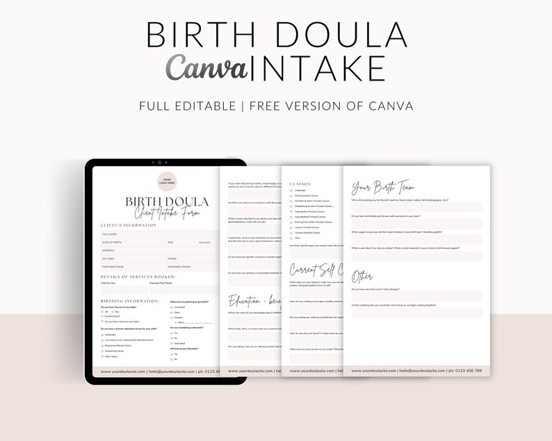 Doula Birth Client Intake Forms: Modern Canva Template (digital ...