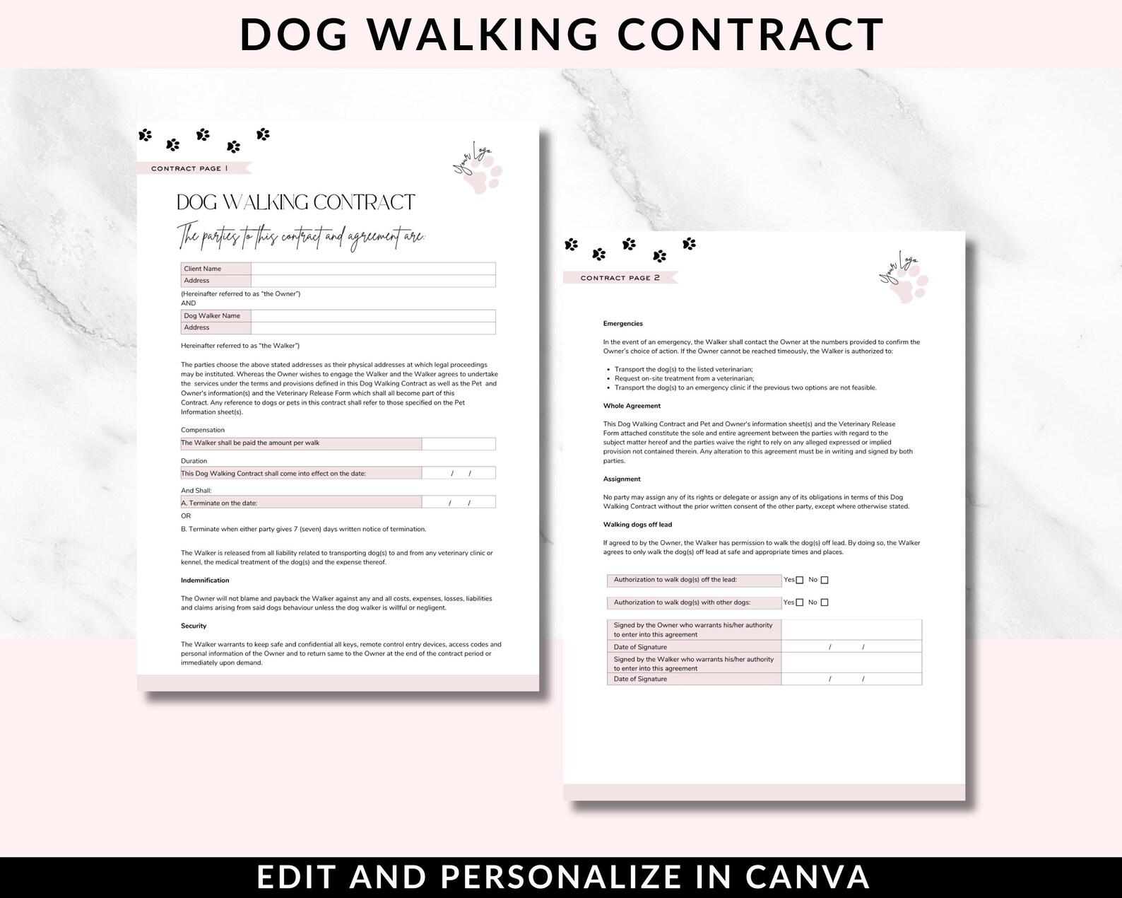 Dog Walking Contract, Dog Walker Contract, Pet Sitting Forms, Add Your ...