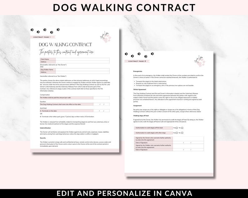 Dog Walking Contract, Dog Walker Contract, Pet Sitting Forms, Add Your ...