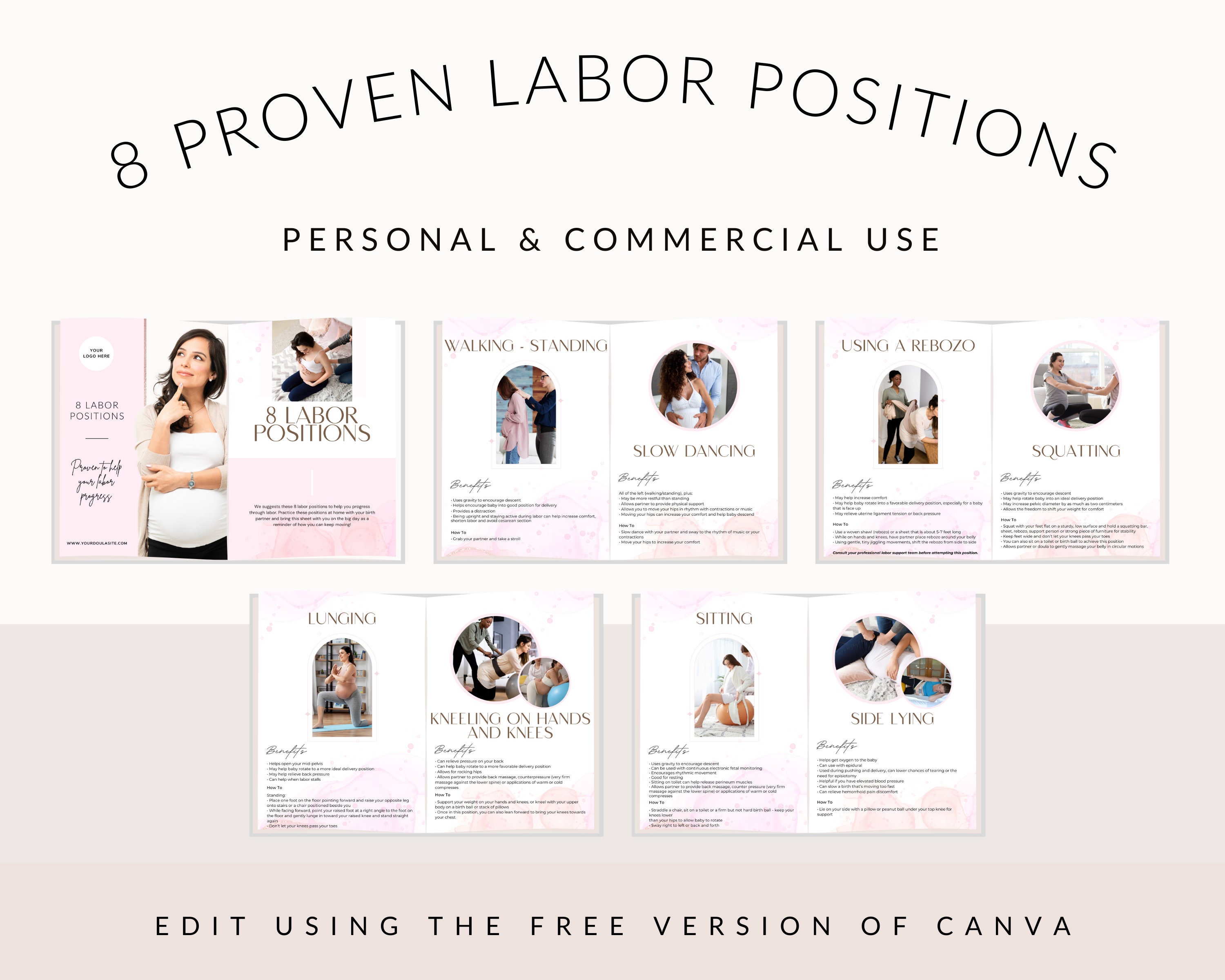 Labor Progress Positions Handout, Labor Handout Template, Doula ...
