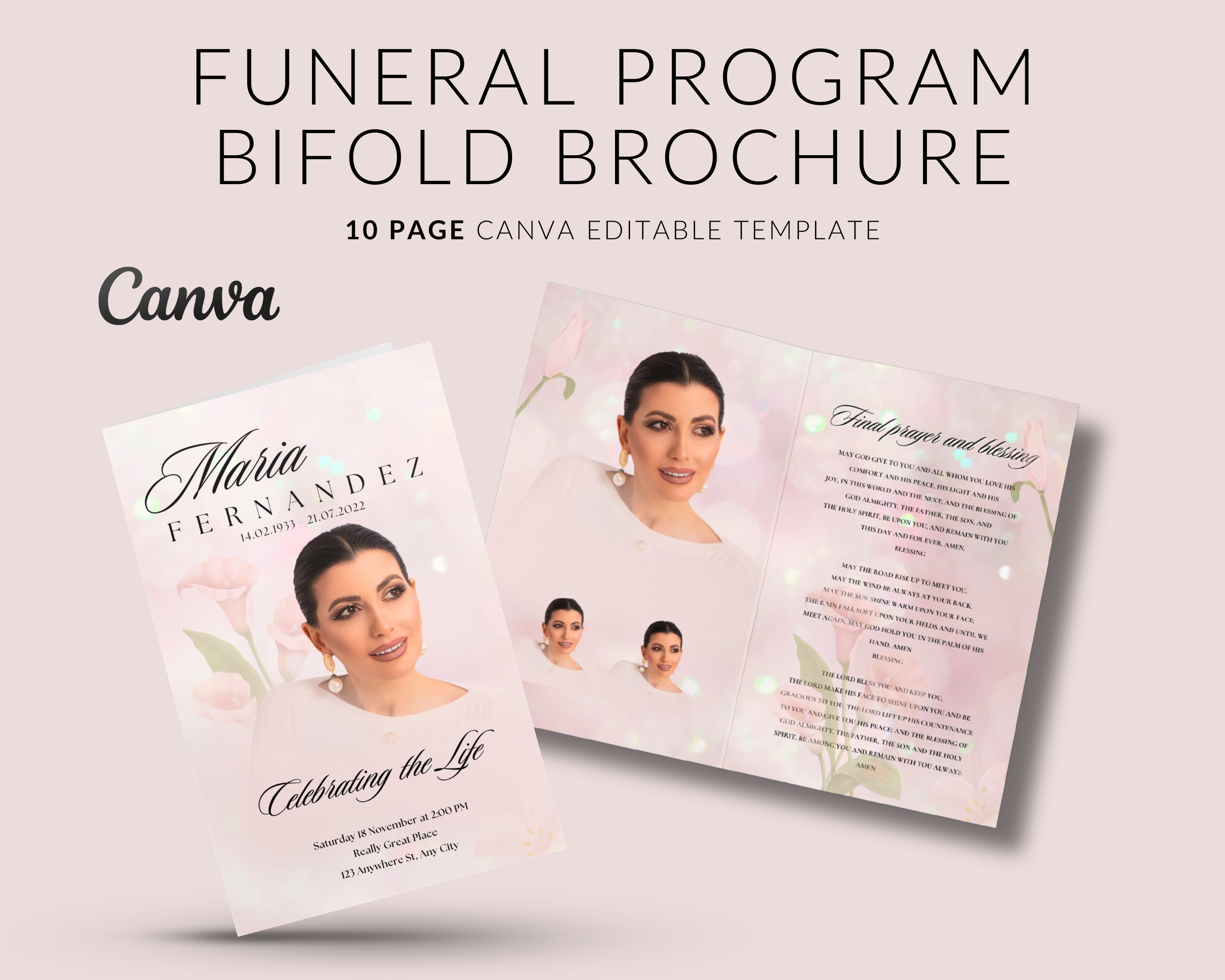 10 Page Funeral Memorial Booklet, Bi-fold Funeral Program, Obituary ...