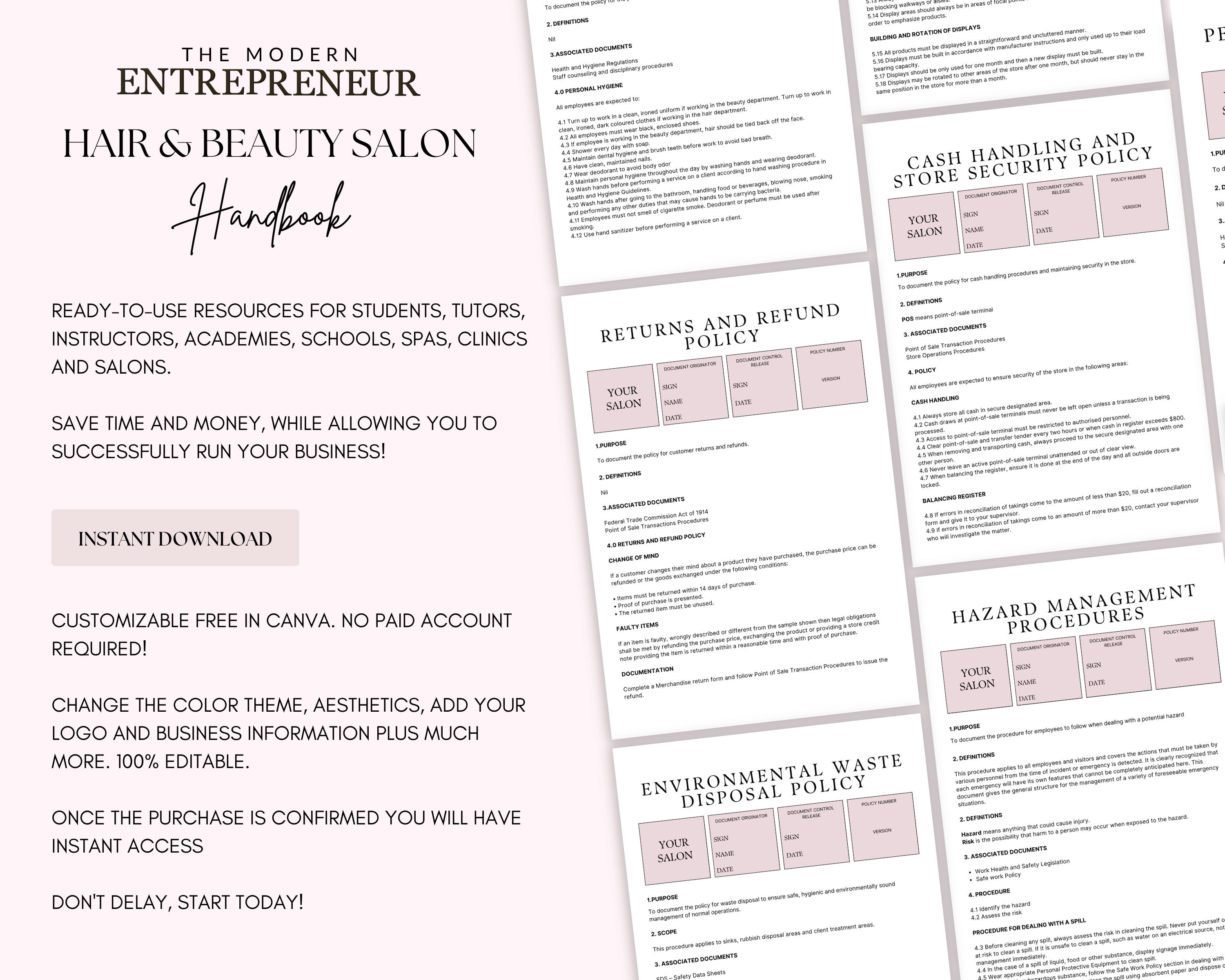 Salon Policies and Procedures Handbook: Canva Editable (60+ Pages ...