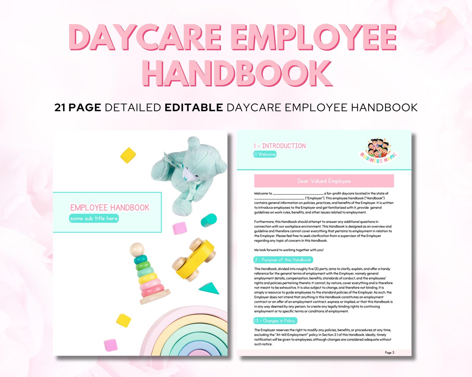 Daycare Employee Handbook- Childcare Staff Handbook, Preschool Employee ...