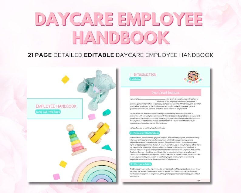 Daycare Employee Handbook- Childcare Staff Handbook, Preschool Employee ...