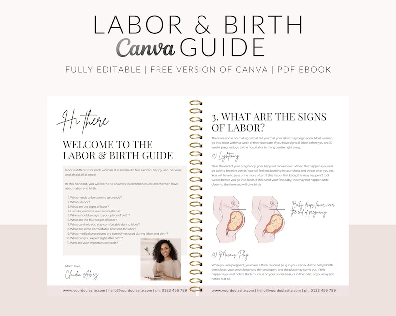 Labor and Birth Guide: Doula Client Handout, Canva Editable (PDF Ebook ...