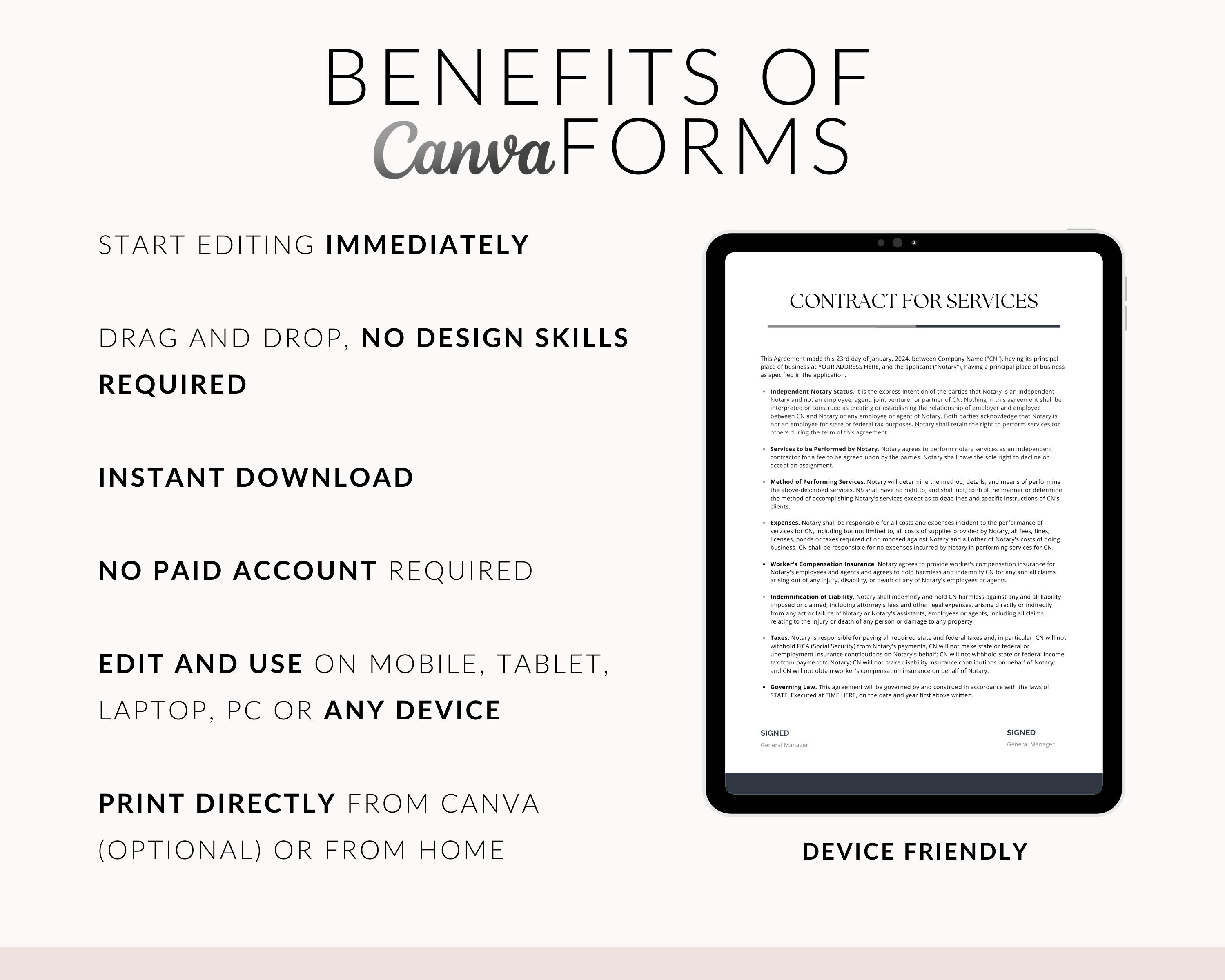 Simple Notary Contract Form, Notary Agreement, Contract for Services ...
