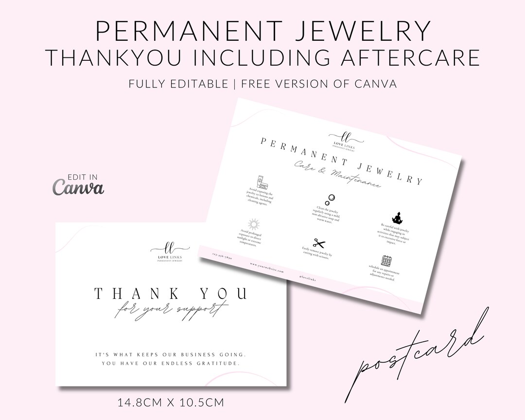 Permanent Jewelry Business Cards, Thank You Card, Aftercare Card, Post ...