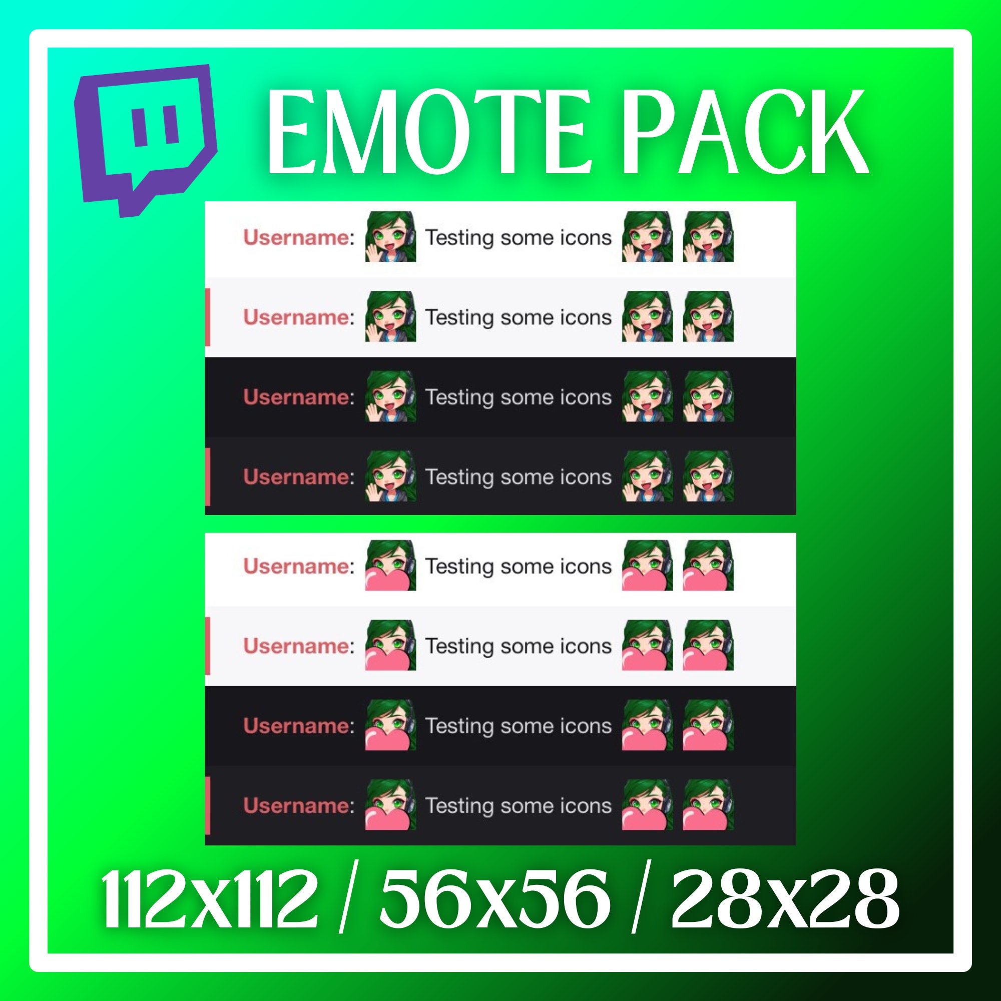 Awesome Streamer Girl Emotes Green Hair Green Eyes Emote Pack Green ...