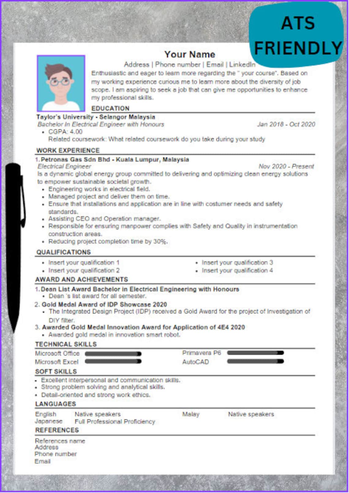 CV Template Ats-friendly, Photo Resume Template Simple With Cover ...