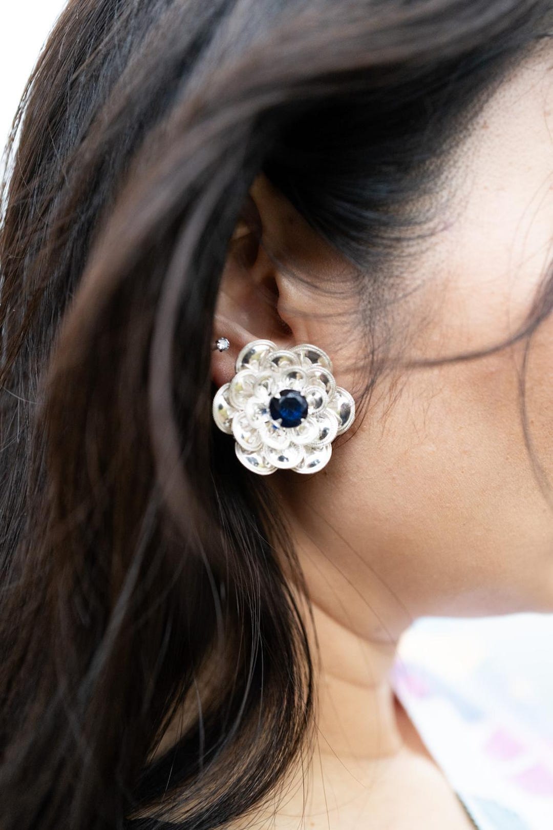 Nepali Kopi Patta Large Silver Earstuds: Blue Stone, Handmade Cultural ...