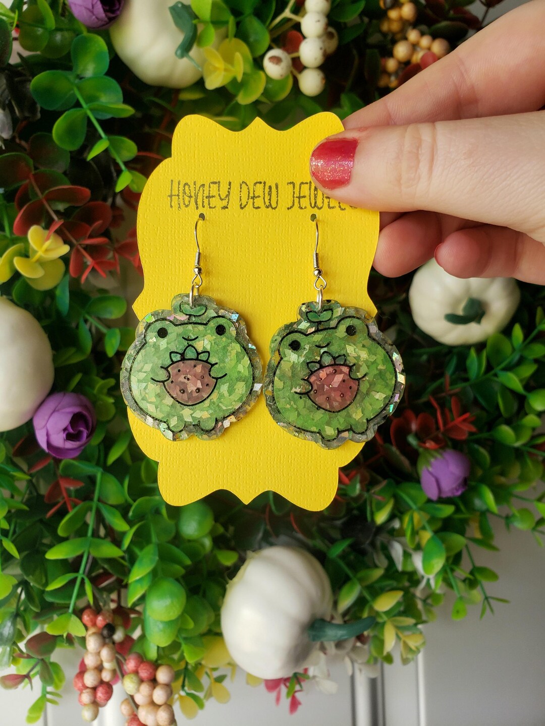 Strawberry Frog Dangles- Cute Holographic Froggy Earrings Strawberry - Etsy