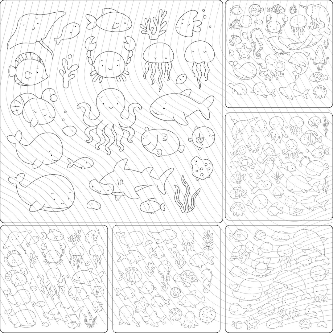 Sea Animal Line Art Clipart Bundle: Ocean Creature Doodles (PNG SVG ...