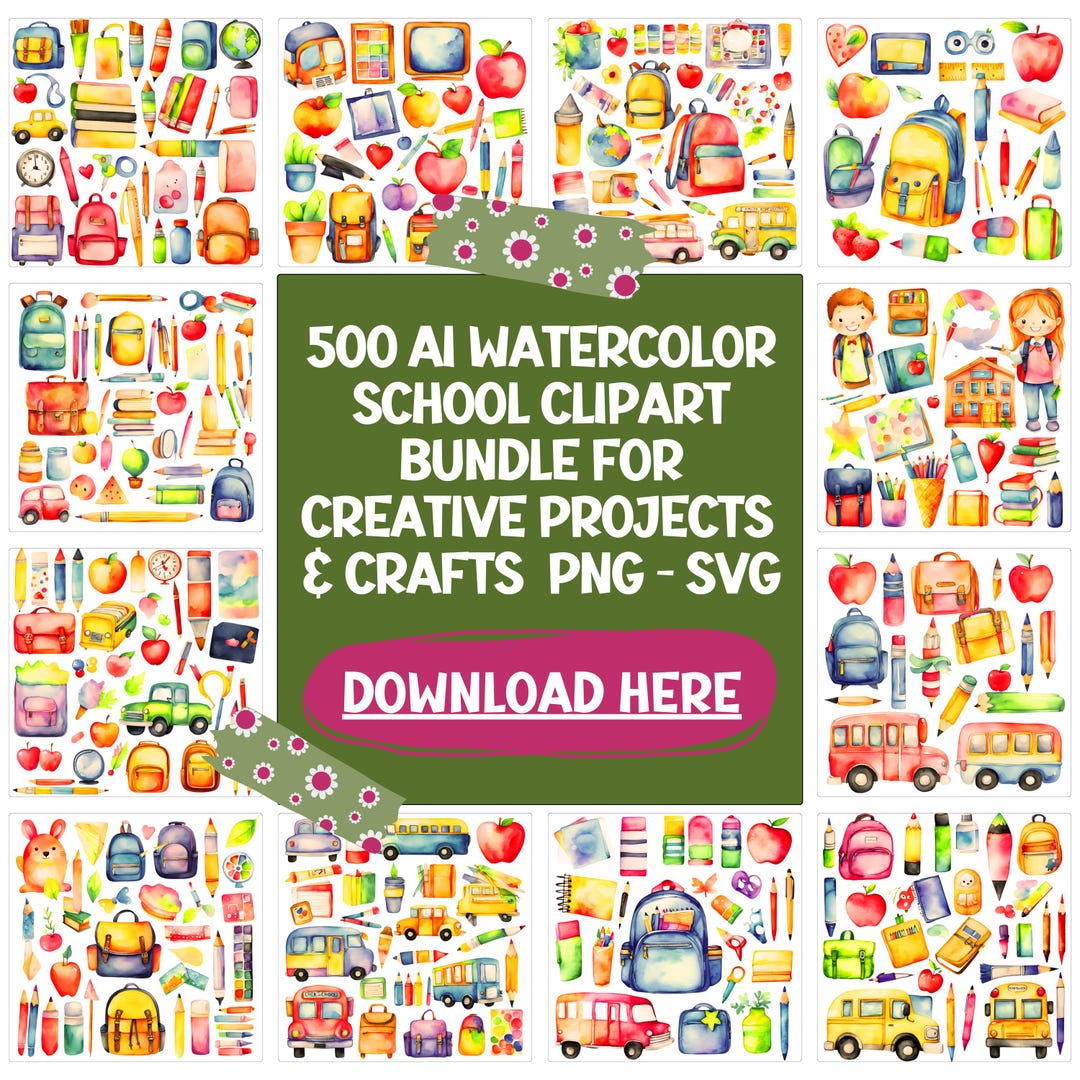 Watercolor School Clipart Bundle Png Classroom Craft Supplies ...