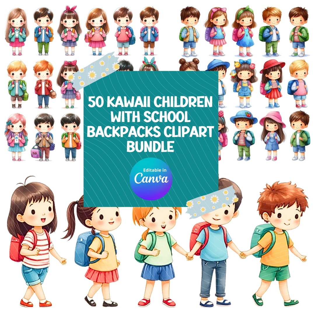 50 Back to School Kids Kawaii Cartoon: Editable Canva Clipart Bundle ...
