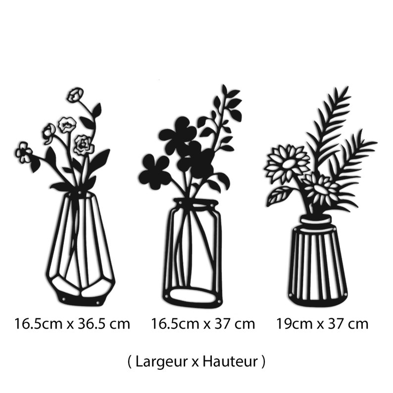 3 Wall Plaques: Black Flower Vase, Cut Metal, Vintage Plate, Wall Art ...