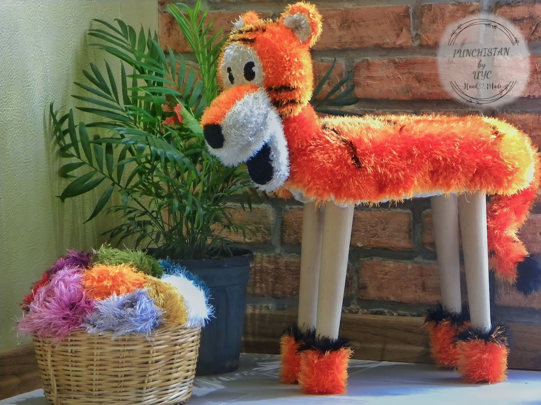 Punch Needle Orange Tiger Stool,wooden Ottoman Stool,hand Made Gift for ...