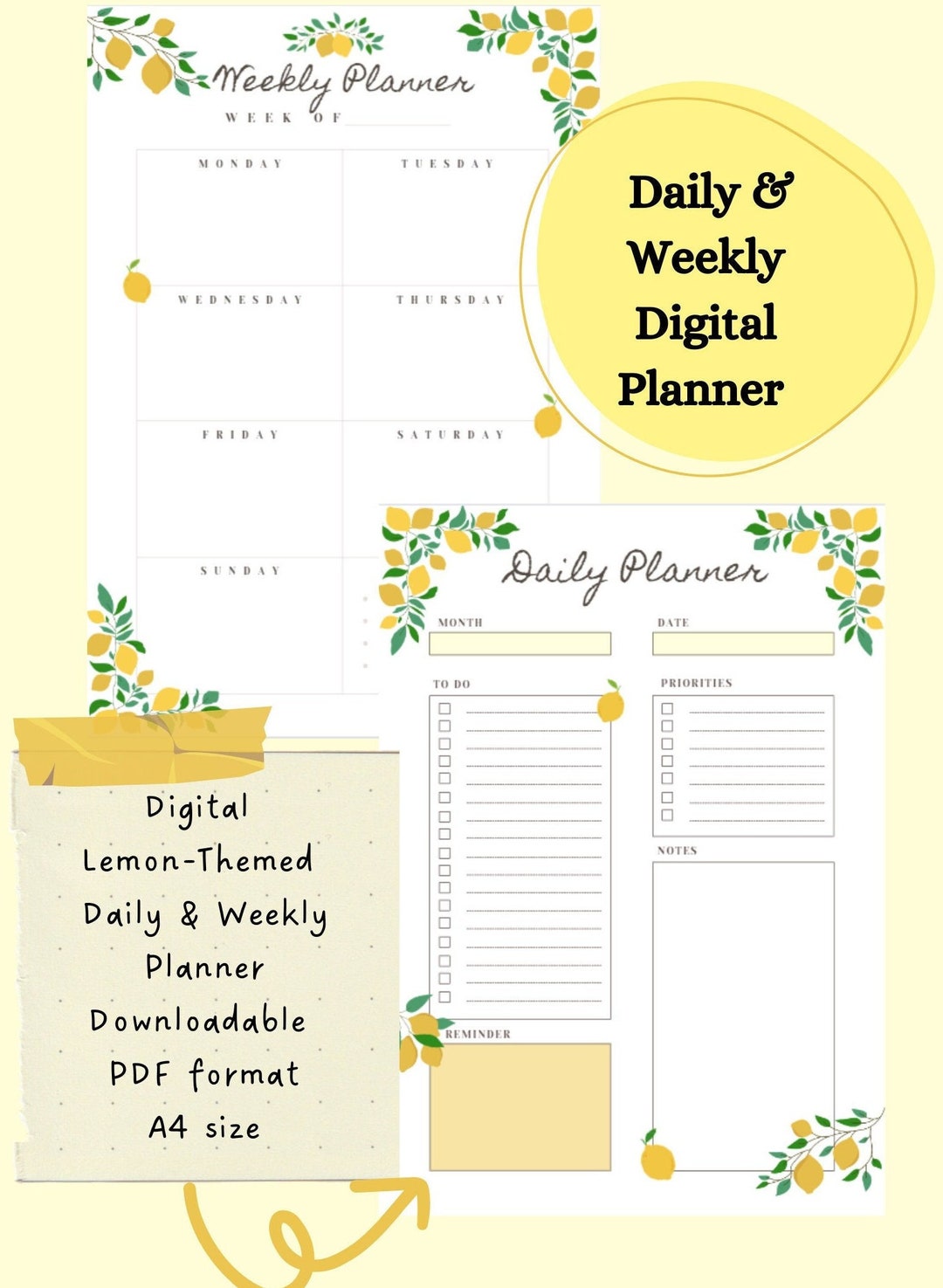 Cute Minimalist Lemon Theme Digital Weekly and Daily Planner ...