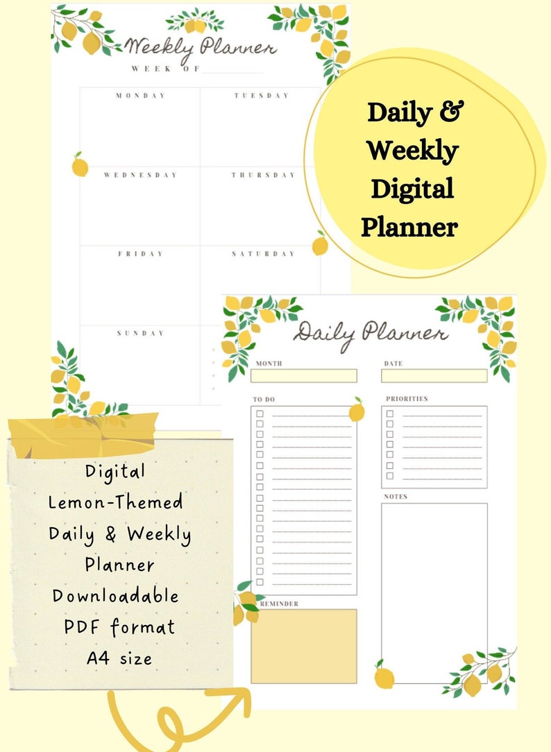 Cute Minimalist Lemon Theme Digital Weekly and Daily Planner ...
