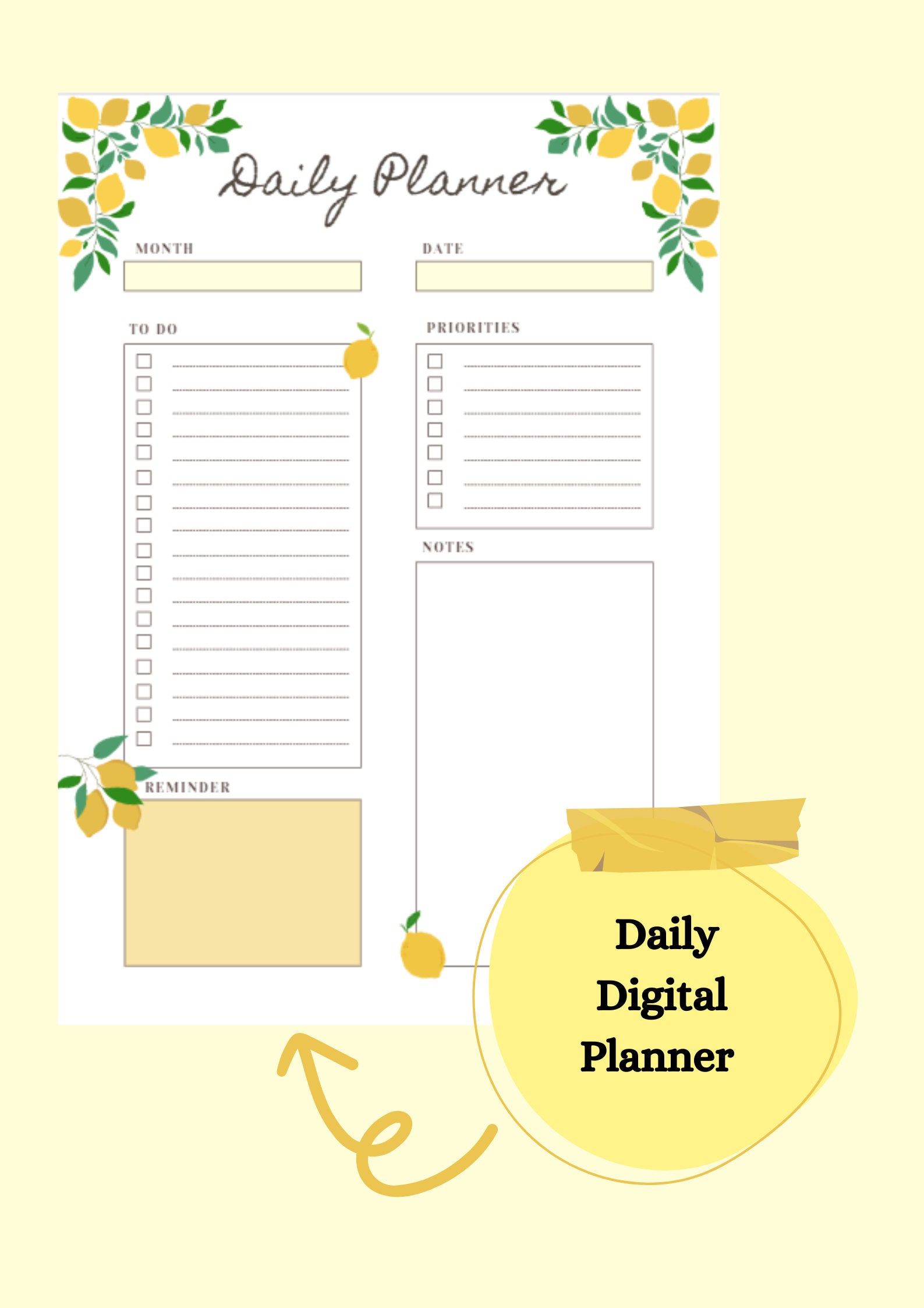 Cute Minimalist Lemon Theme Digital Weekly and Daily Planner ...