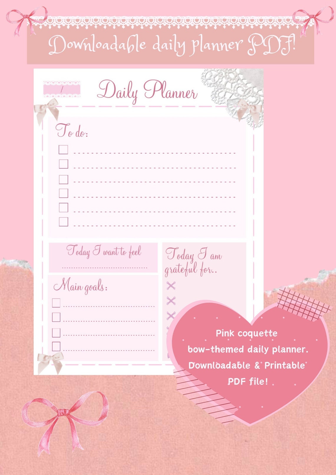 Cute Pink Coquette Bow Daily To-do List Downloadable Digital File ...