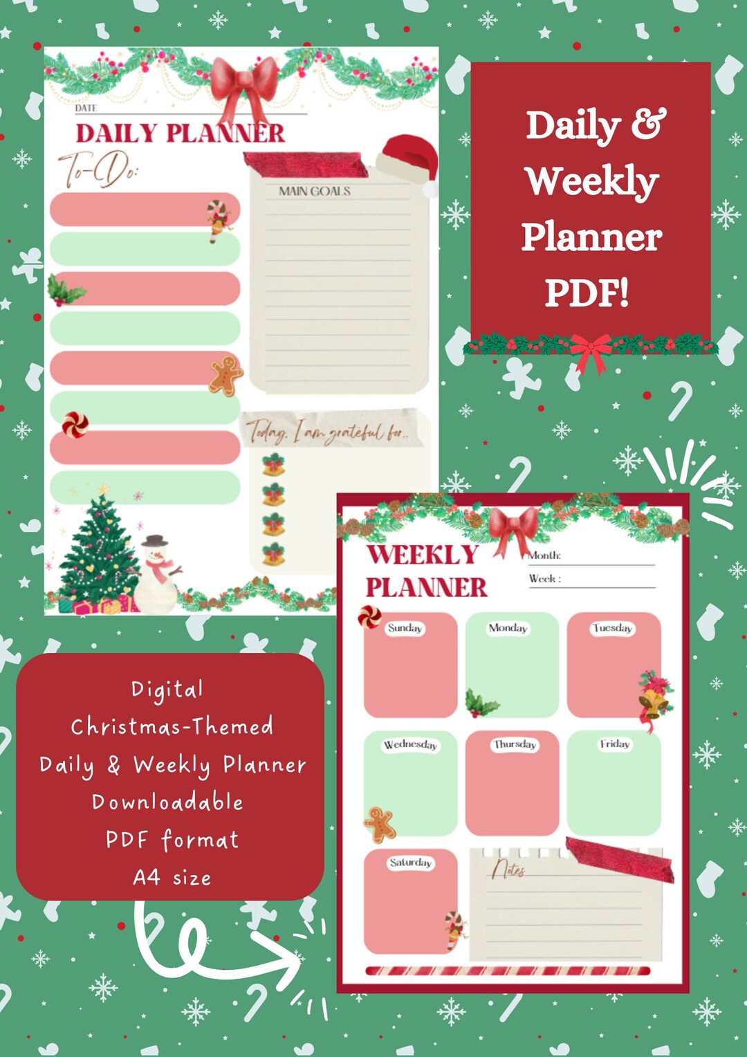 Cute Red Christmas-themed Downloadable Daily & Weekly Digital Planner ...