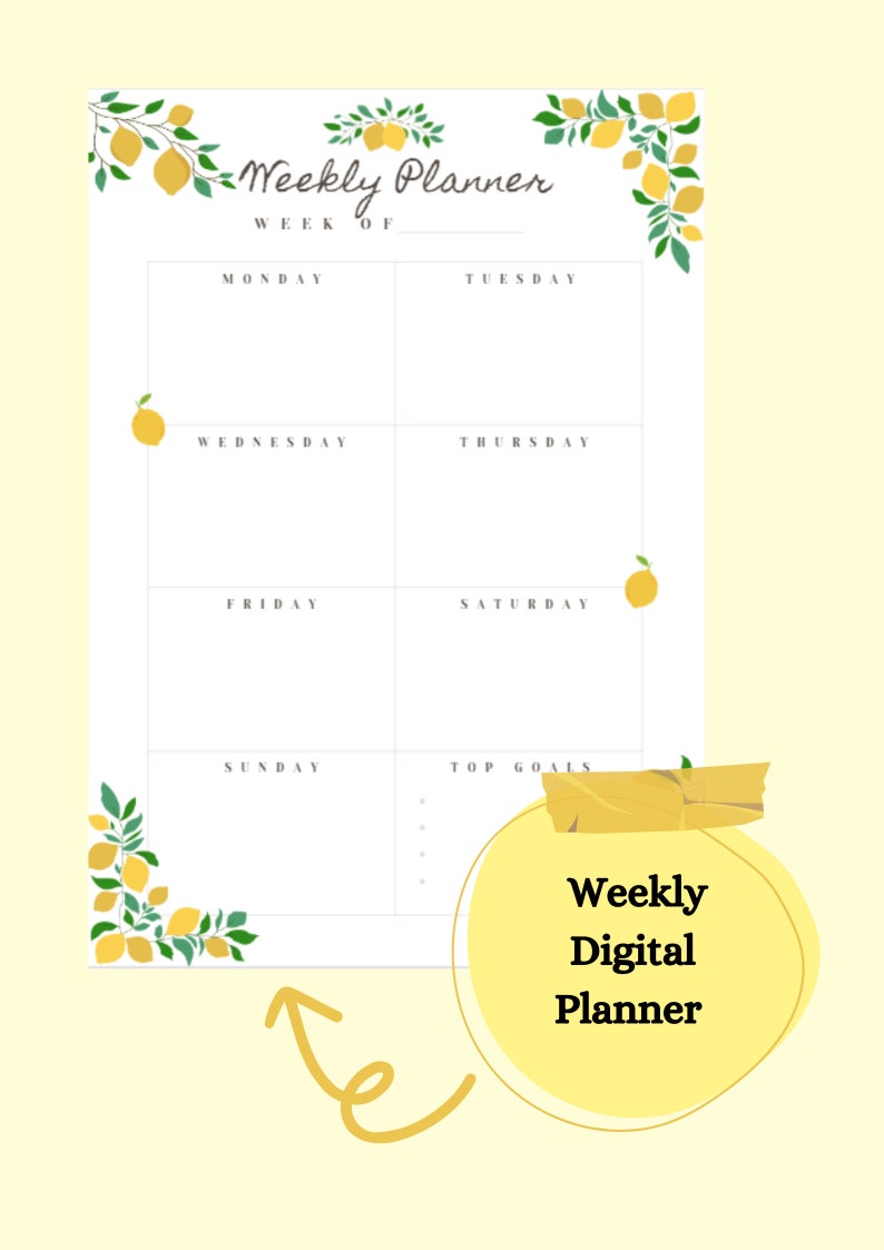 Cute Minimalist Lemon Theme Digital Weekly and Daily Planner ...