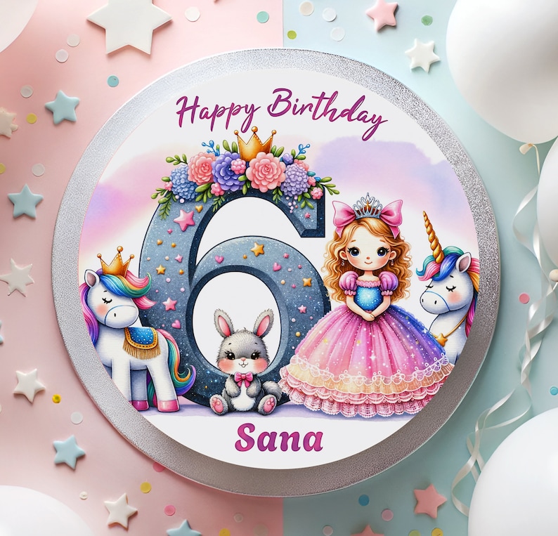 Cake Topper Fondant 6th Birthday Princess Unicorn Flowers - Etsy