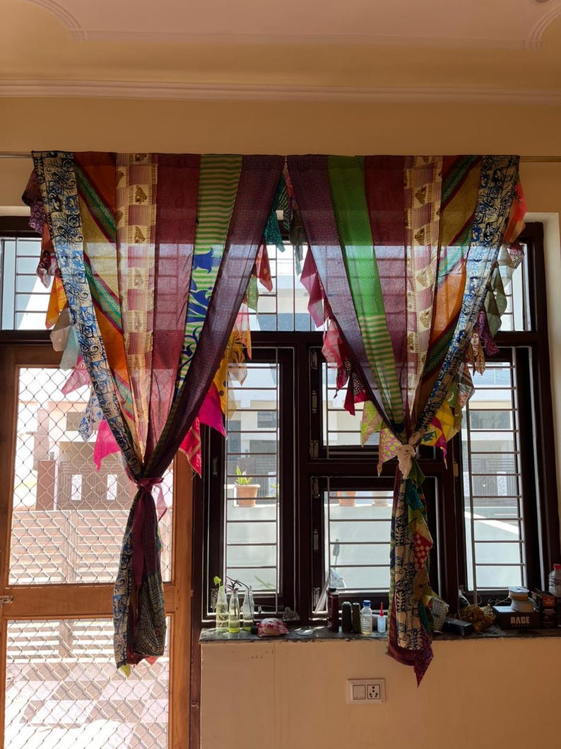 Indian Vintage Silk Sari Fringe Window Curtain Drapes Pair for Home ...