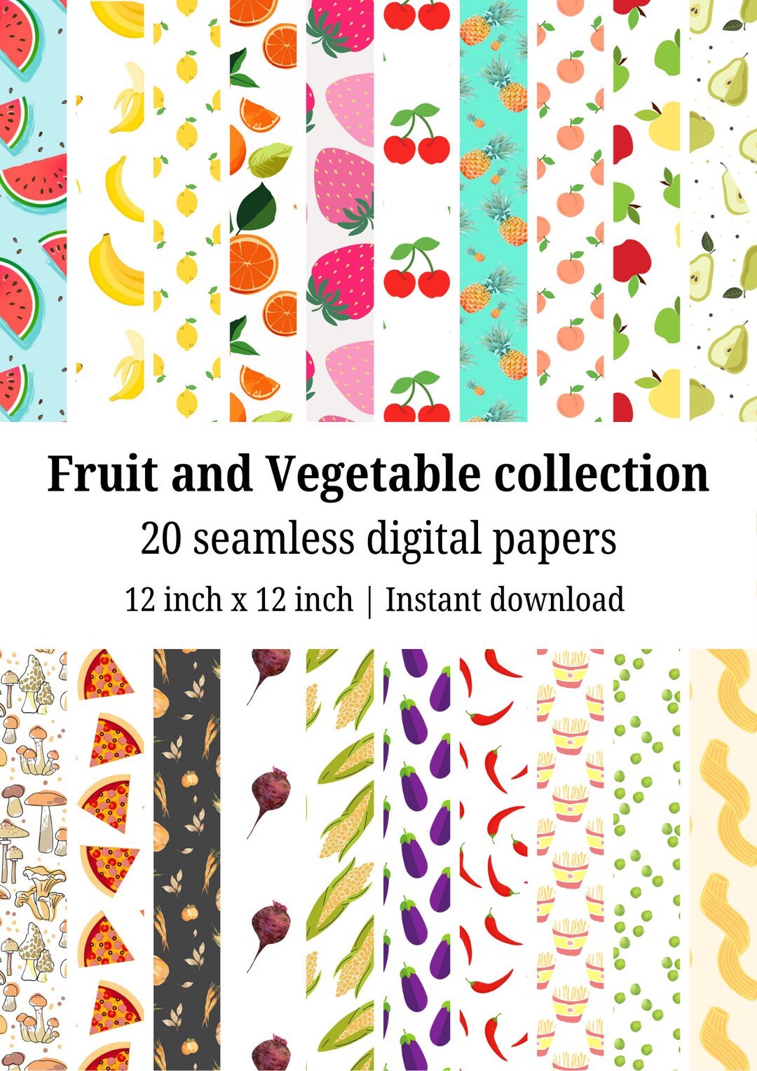 20 Fruit and Vegetable Collection Printable Paper Seamless Pattern ...