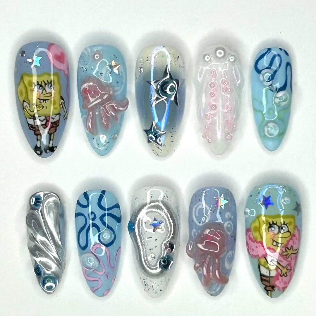 Handmade Spongebob Press on Nails in Medium Almond - Etsy
