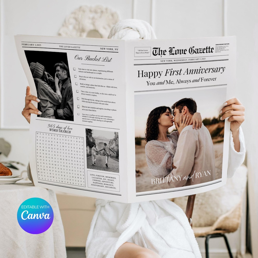 One Year Anniversary Newspaper Template, 1st First Married Couple, Gift ...