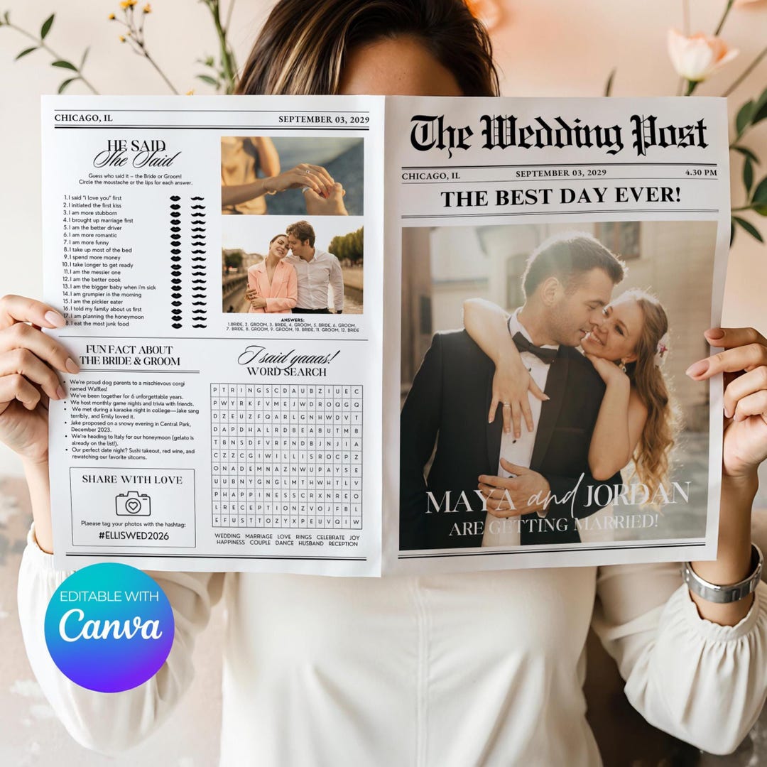 Editable Wedding Newspaper Template Canva, Wedding Itinerary Template ...
