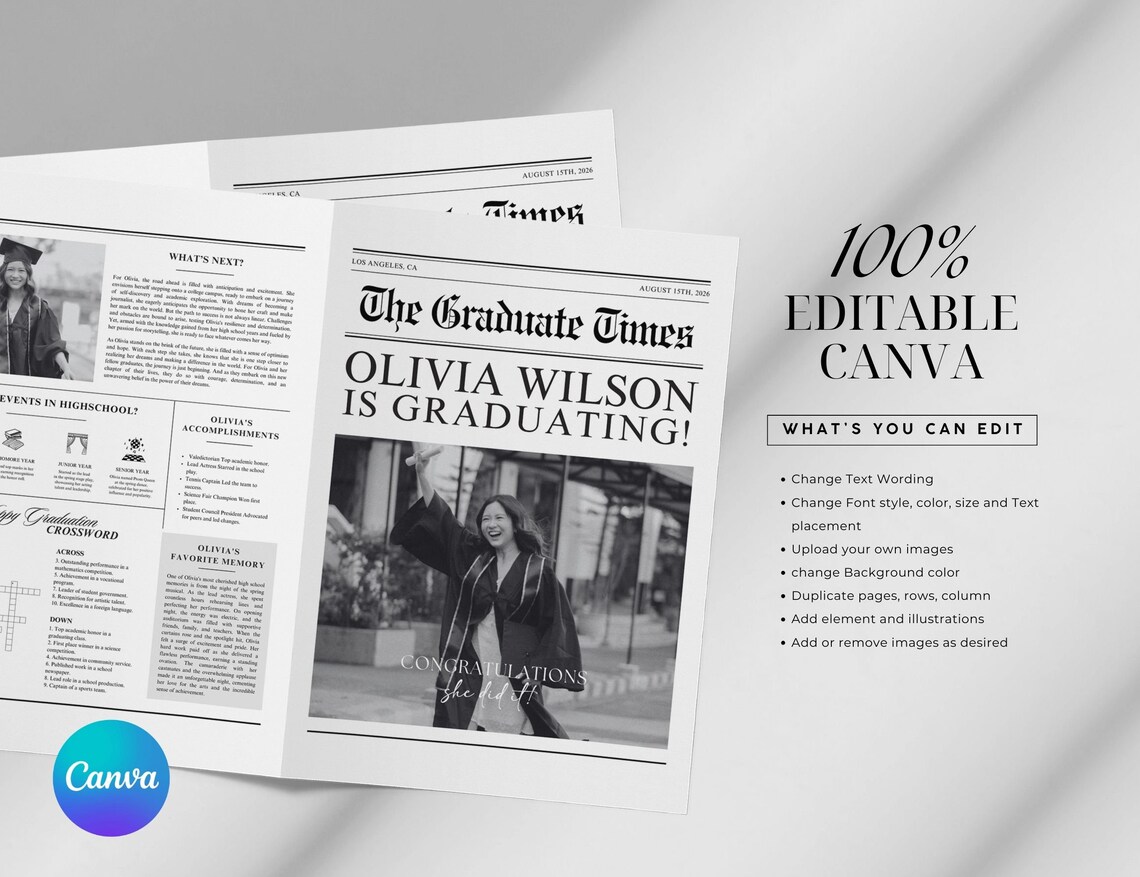 Editable Graduation Newspaper Template, Canva Newspaper Graduation ...