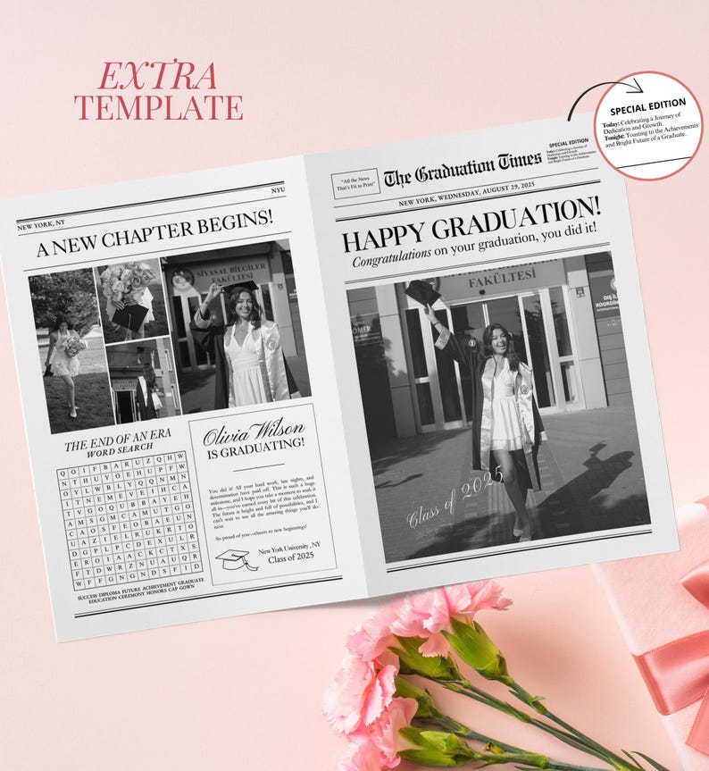 Graduation Newspaper Announcement Template, Editable Canva Bouquet Wrap ...