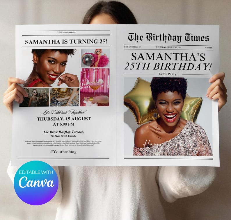 Canva Birthday Newspaper Template, Editable Birthday Invitation, Large ...