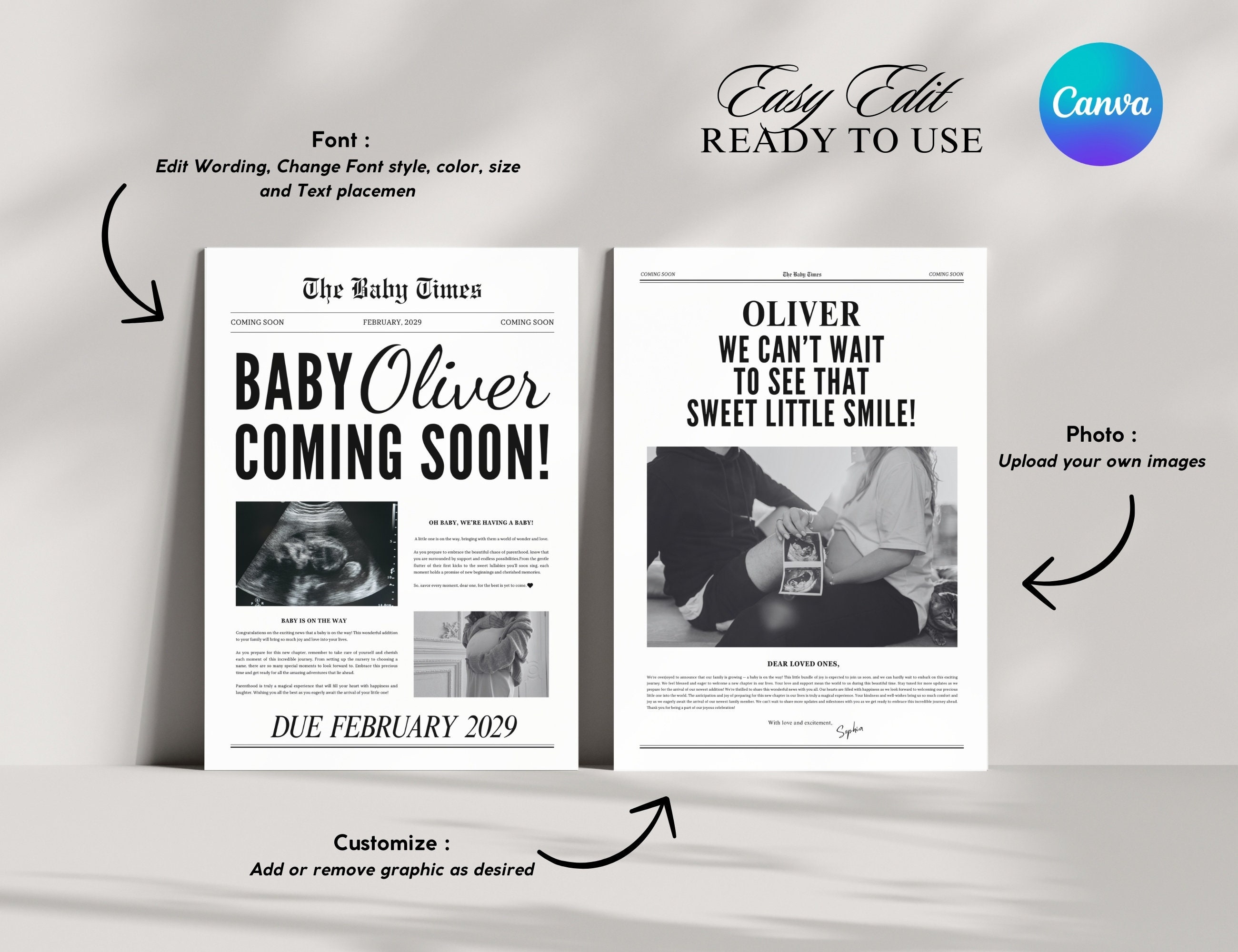Baby Announcement Newspaper Template, Canva Editable Newspaper,large ...