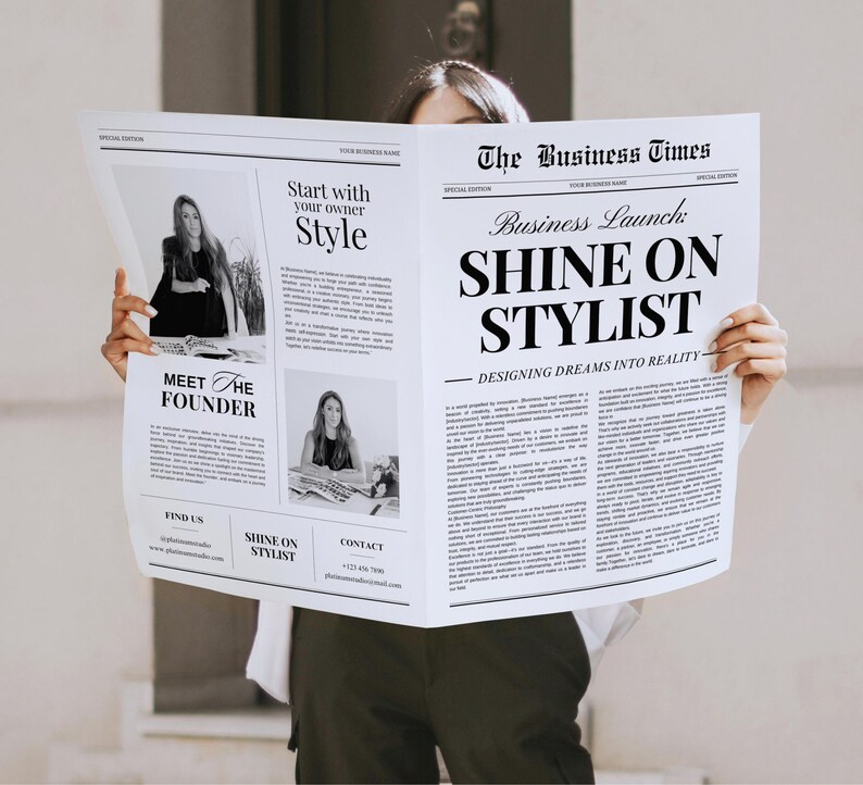 Business Newspaper Canva Template: Branding Announcement, Photoshoot ...
