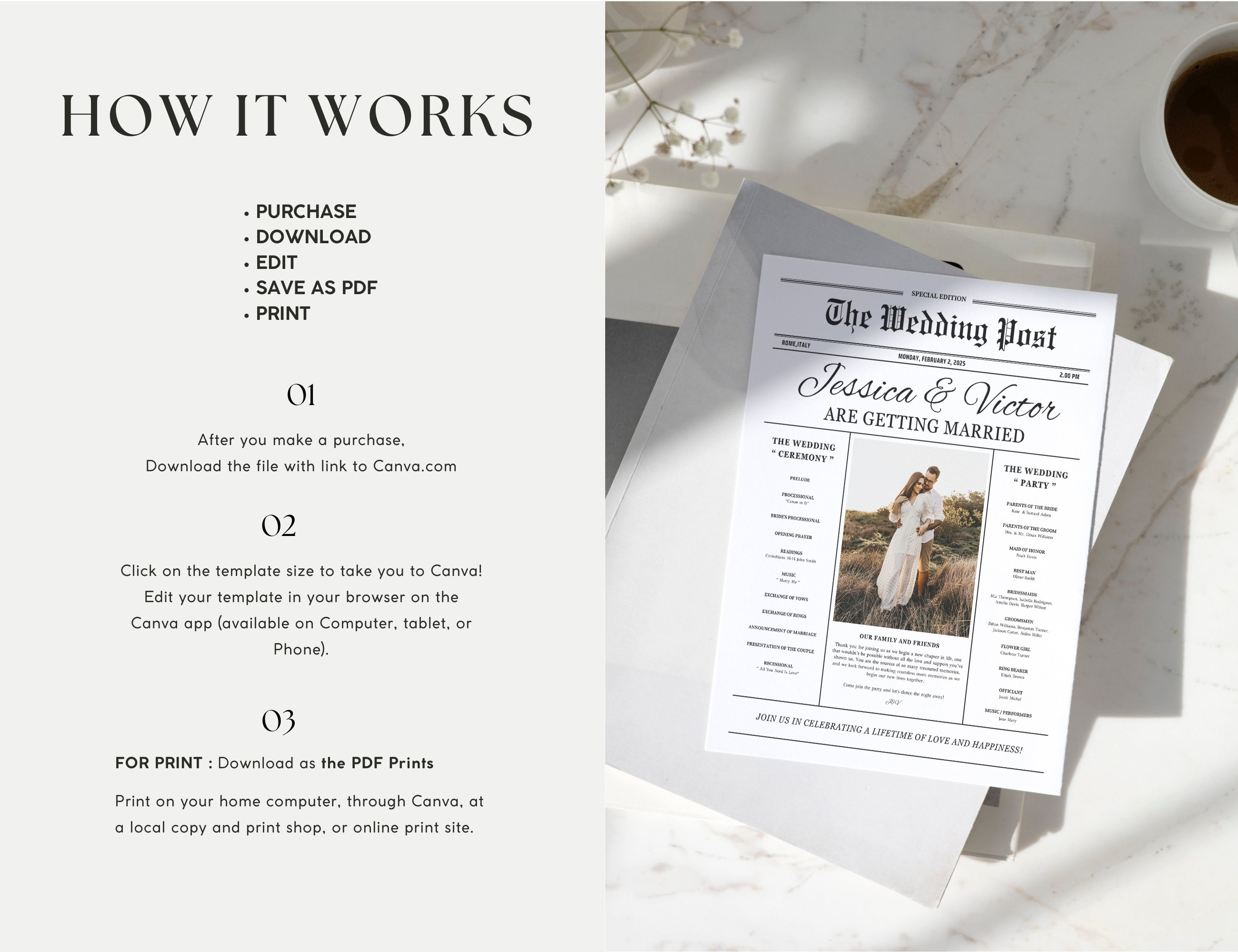 Newspaper Wedding Program Template, 2 Sided Editable Newspaper Wedding ...
