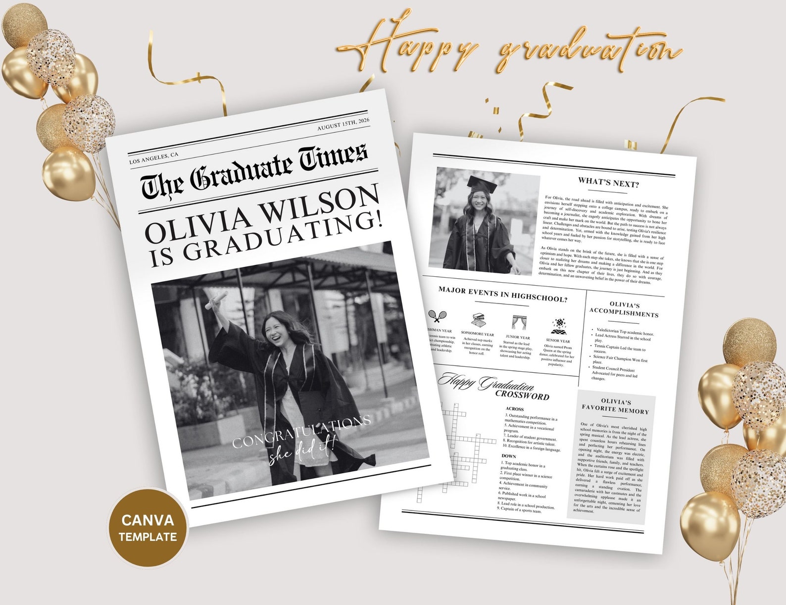 Editable Graduation Newspaper Template: Canva Party Favors (digital ...