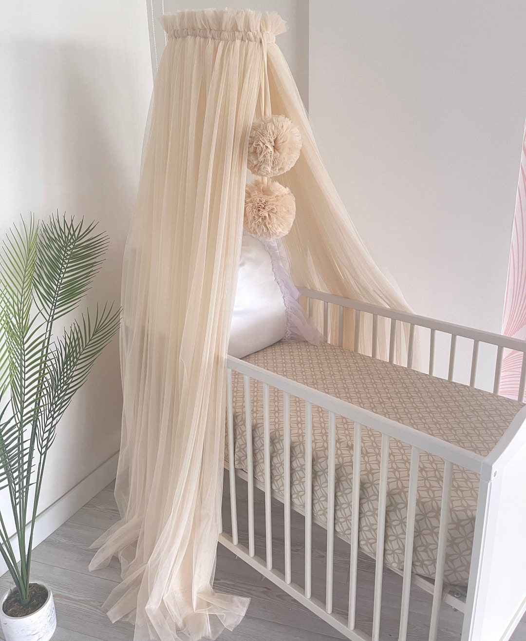 Bed Canopy Light Beige With Bobbles, Baby Bed Decoration, Canopy Tulle ...