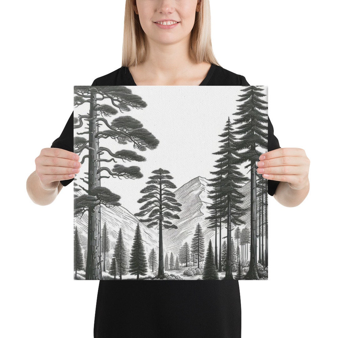 Canvas Line Drawing Art, Trees and Mountains, 12x or 16x Sizes - Etsy