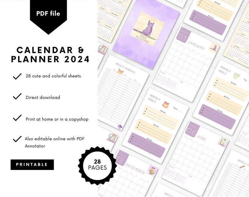 2024 Calendar Printable 2024 Cute Planner 2024 Cute Planner Printable ...