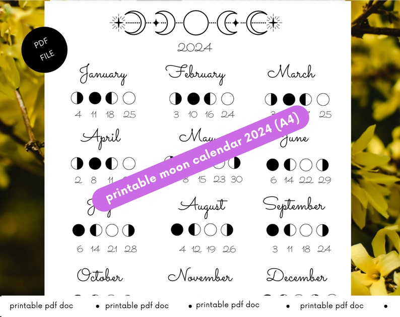 Moon Calendar 2024 2024 Moon Calendar Lunar Calendar 2024 Lunar Calendar Printable Moon Phase ...