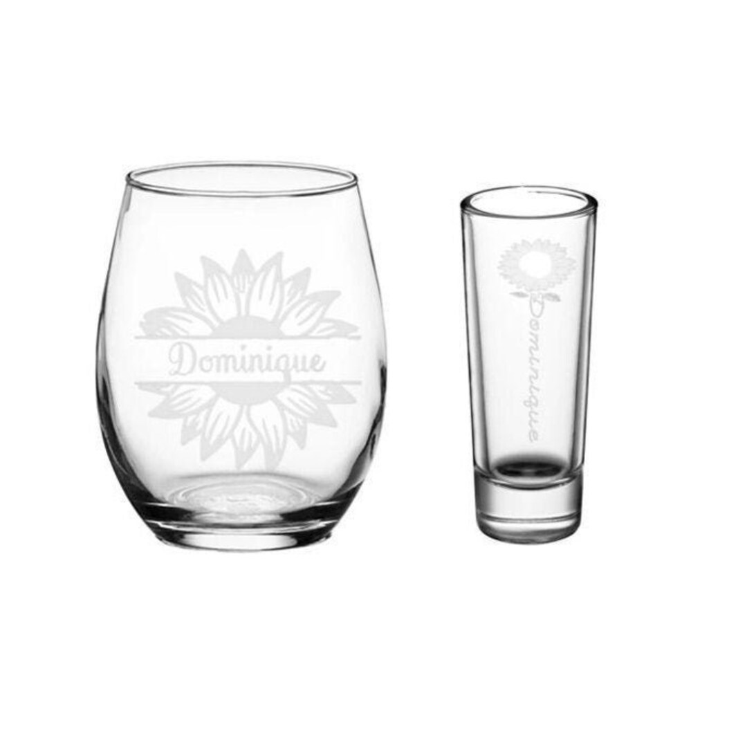 Wine Glass & Shot Glass Set: Custom Engraved Sunflower Design With ...