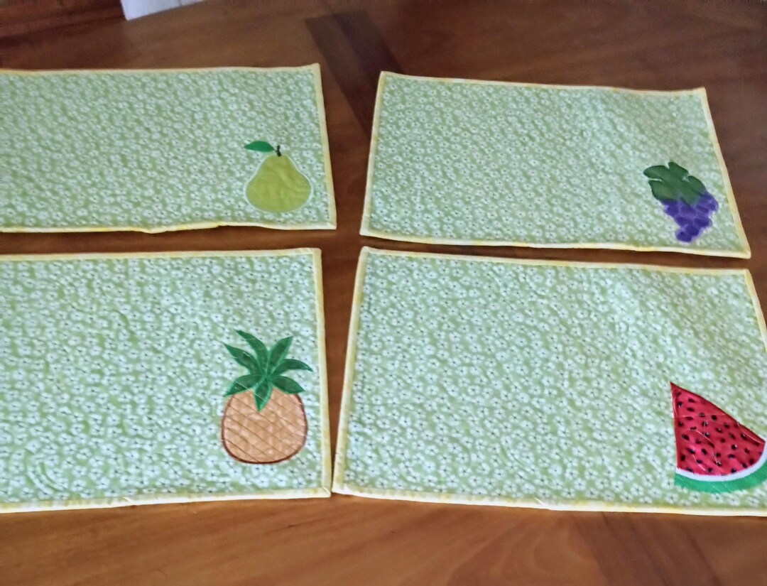 4 Handmade Quilted Fruit Placemats - With Appliqued Pear, Grapes ...