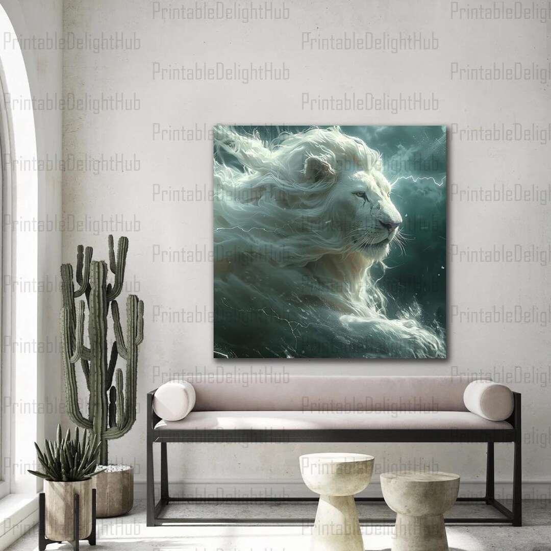 White Lion Wall Art, White Lion Art Canvas Art Living Room Decor, Wild ...