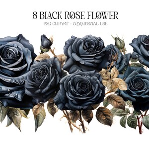 8 Black Rose Flower Watercolor Clipart, Spring Flowers Clipart, Roses ...